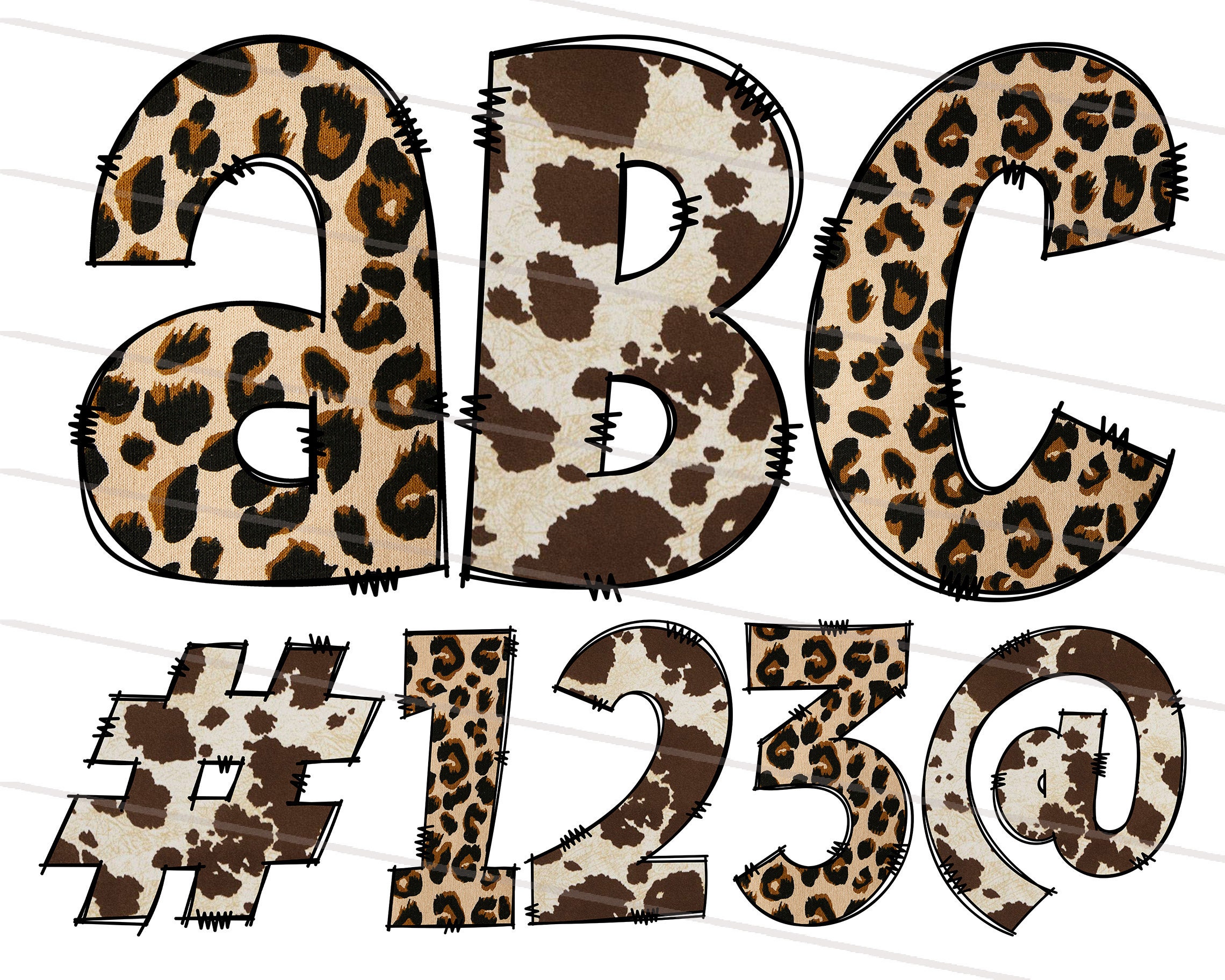Western and Leopard Doodle Font Bundle PNG, Hand Drawn Cheetah Cow ...