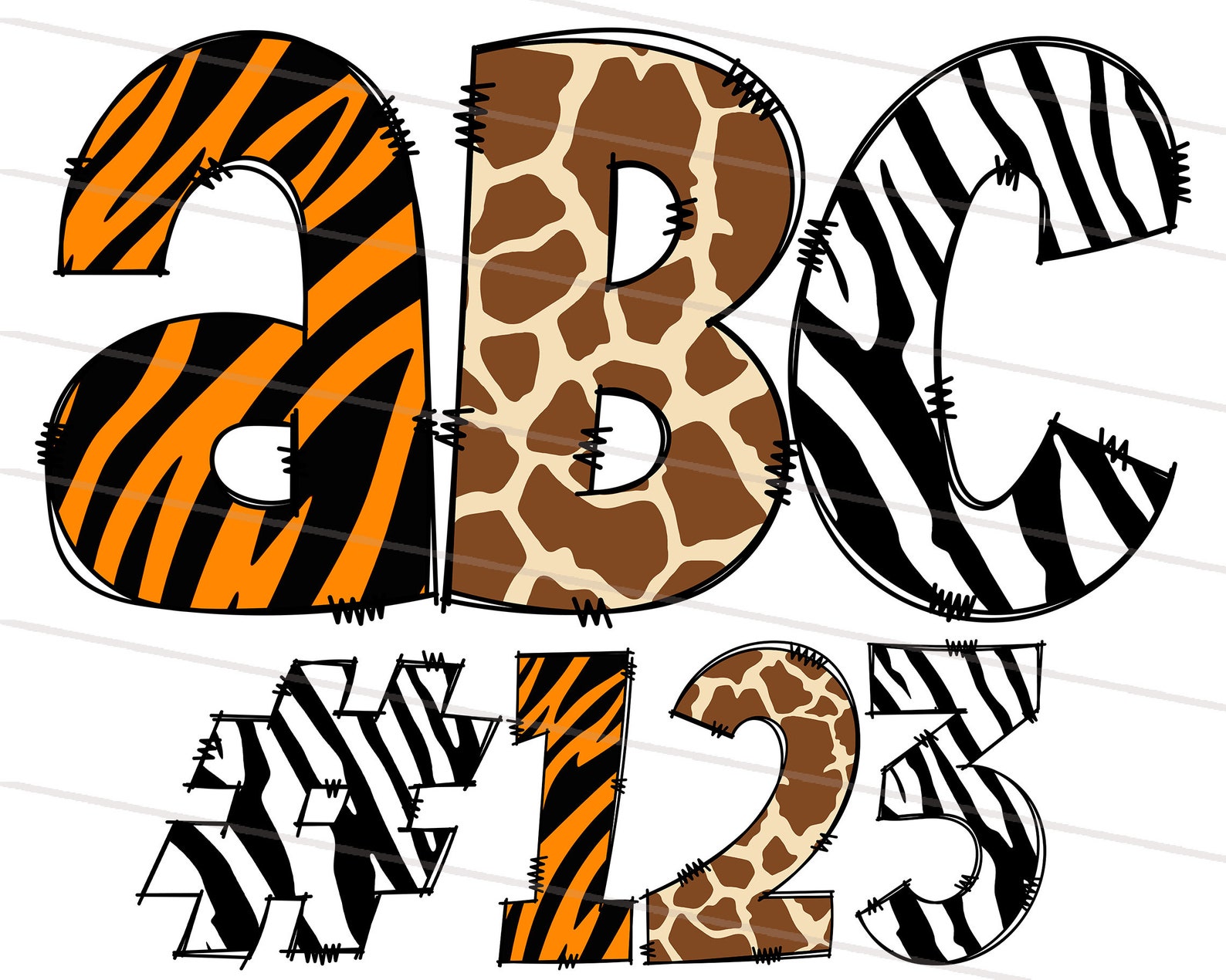 Tiger, Giraffe and Zebra Doodle Font Bundle PNG, Hand Drawn Animal ...