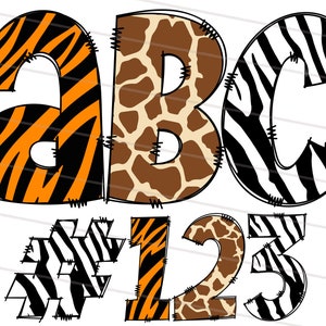 Tiger, Giraffe and Zebra Doodle Font Bundle PNG, Hand Drawn Animal ...