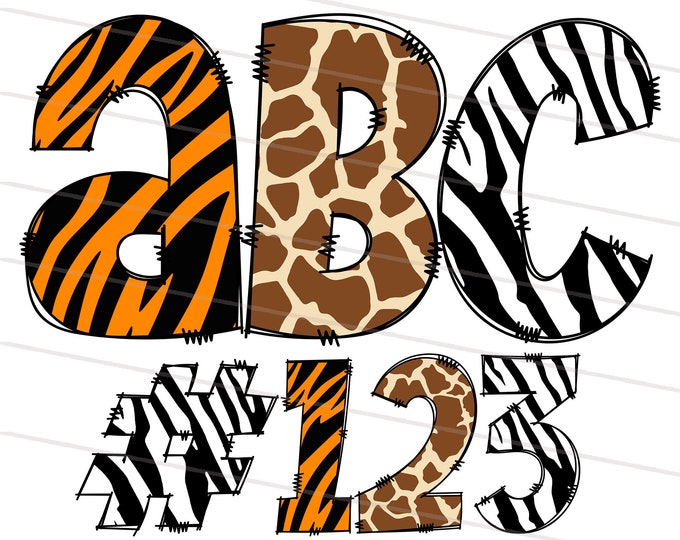 Safari Animals Doodle Alphabet Sublimation Clipart PNG, Number & A-Z ...
