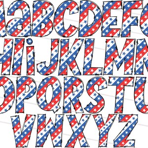 USA Stars Alphabet Letters PNG Bundle, Patriotic American Flag Doodle ...