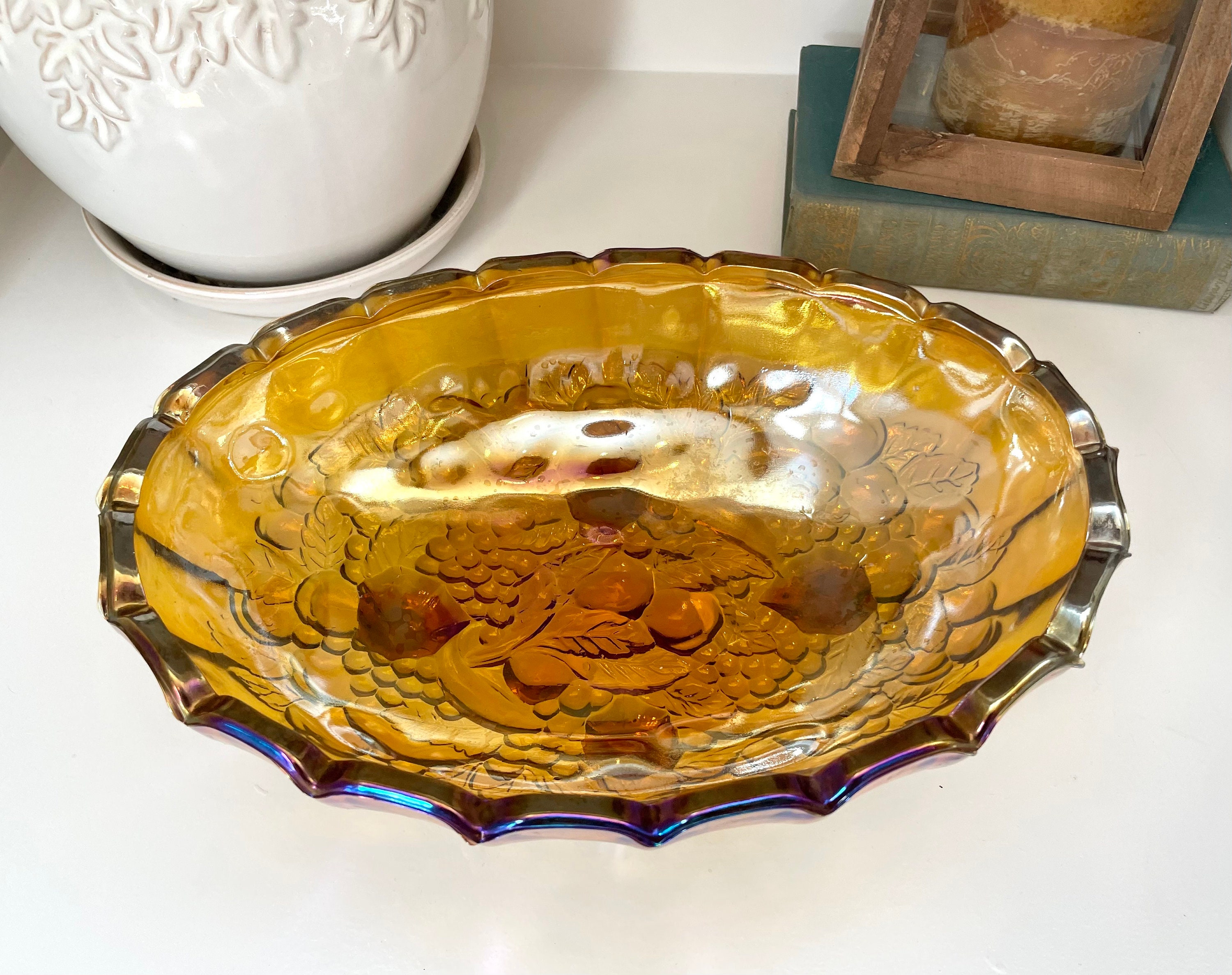 Vintage Gold Iridescent Carnival Glass Footed Fruit Bowl Centerpiece by ...