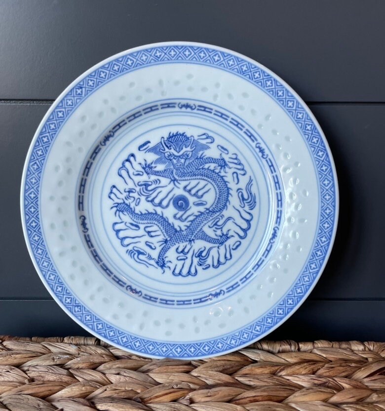 Vintage Chinese Blue & White Dragon Rice Eyes Porcelain - Etsy
