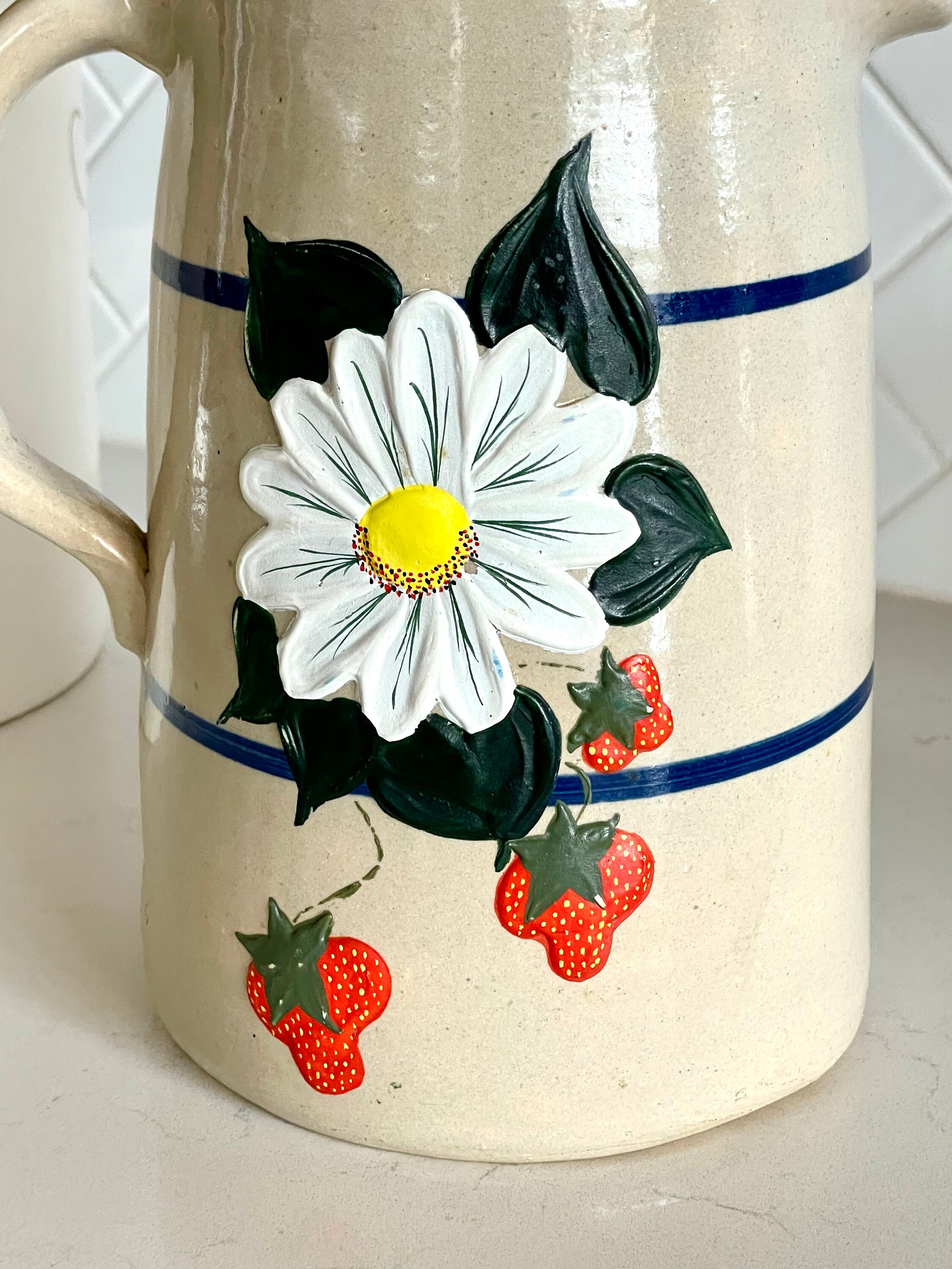 Vintage Stoneware Pitcher Hand Painted Floral Strawberries - Etsy