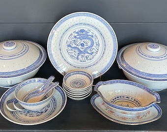 Vintage Chinese Open Carved Rice Grain Porcelain Blue and White Plates ...