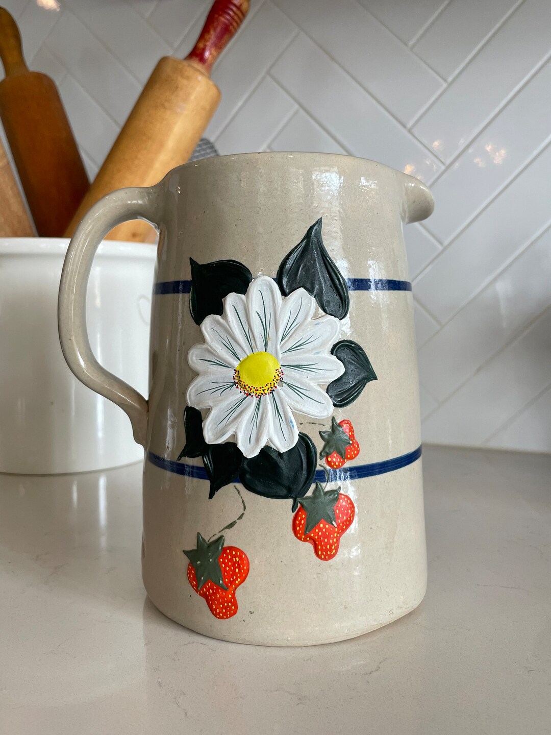 Vintage Stoneware Pitcher Hand Painted Floral Strawberries - Etsy