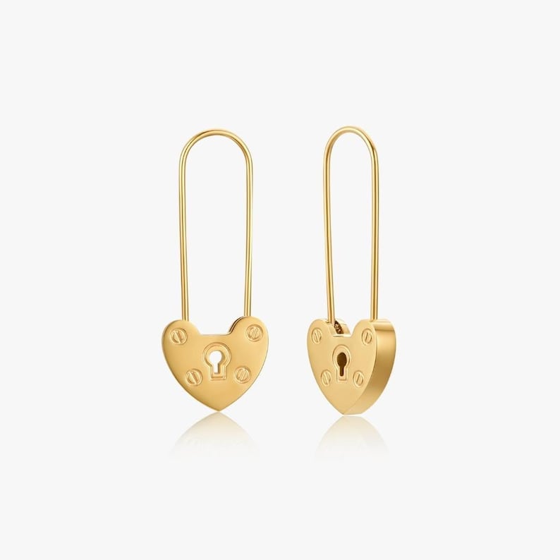Heart Locket Safety Pin Earrings (18K PVD Gold Plated Stainless Steel ...