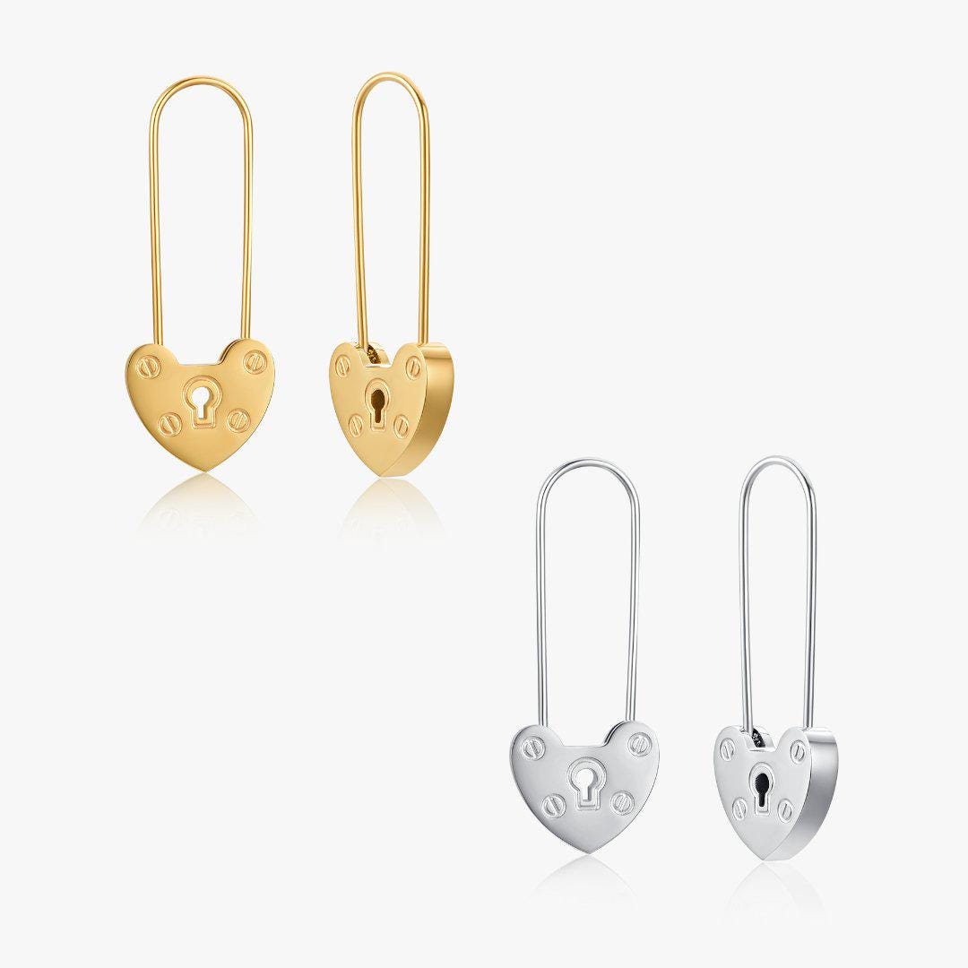 Heart Locket Safety Pin Earrings (18K PVD Gold Plated Stainless Steel ...