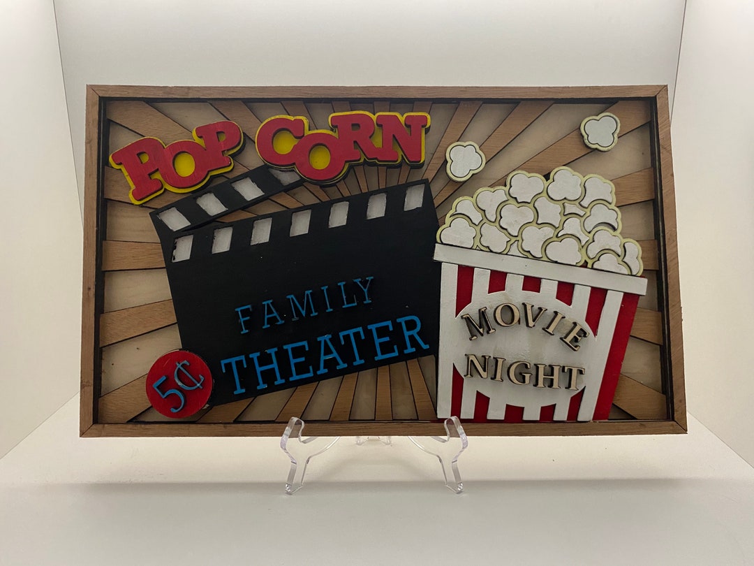Movie Night Popcorn Colorful Wood Sign / Laser Cut Wooden Signage ...