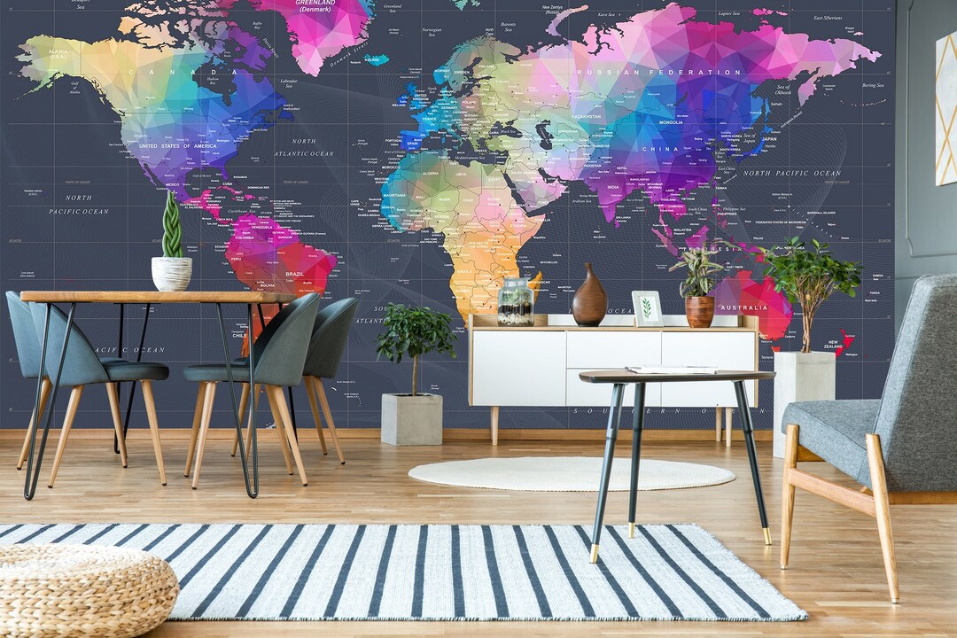 Rainbow Color World Map Wallpaper Self Adhesive Wall - Etsy