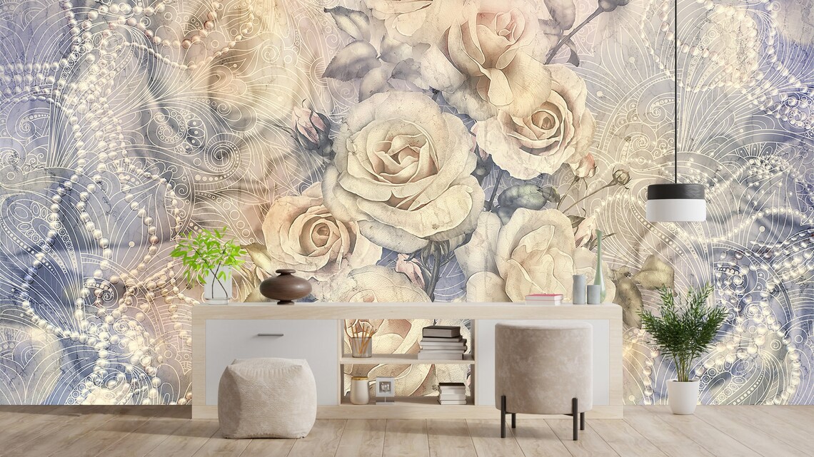 Delicate Cream Roses Wallpaper Self Adhesive Wall Decoration - Etsy