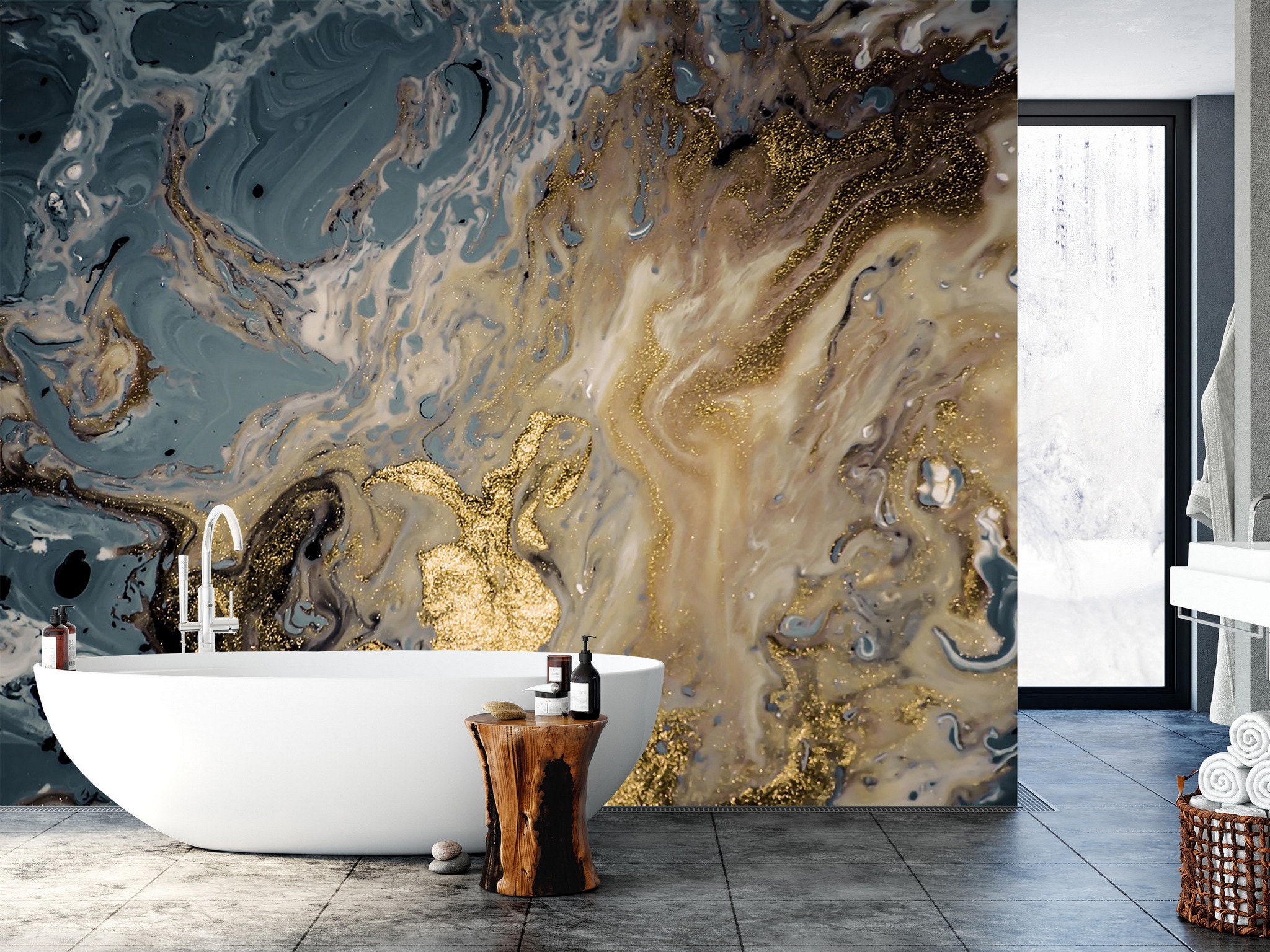 Dark Grey Brown & Gold Fluid Wall Mural Modern Wallpaper - Etsy