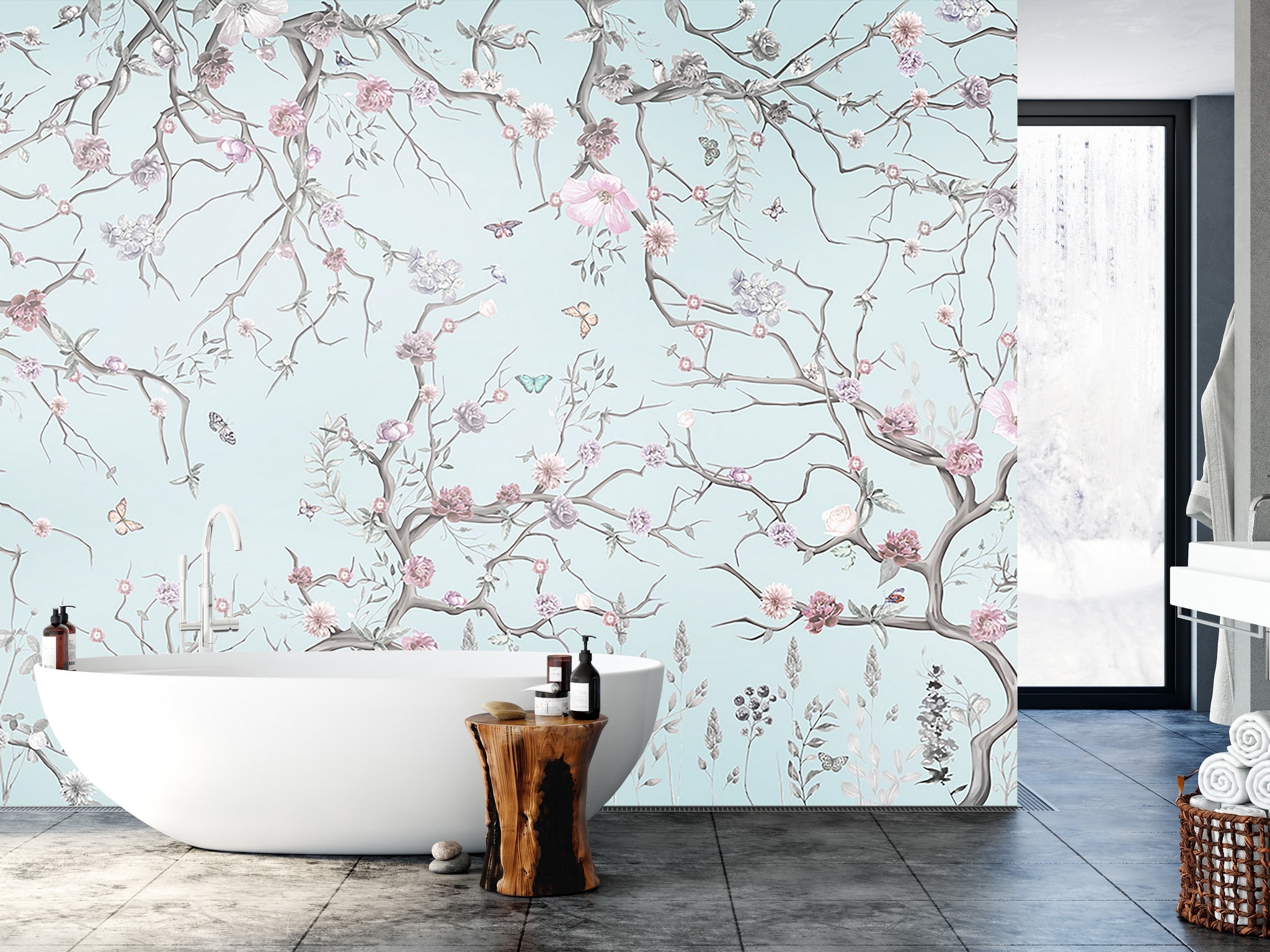 Branches in the Garden on Blue Wallpaper Self Adhesive Wall - Etsy