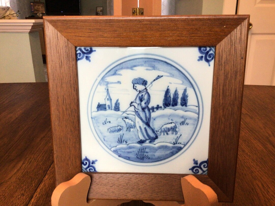Vintage Framed Delft Tile With Shepherd and Sheep - Etsy
