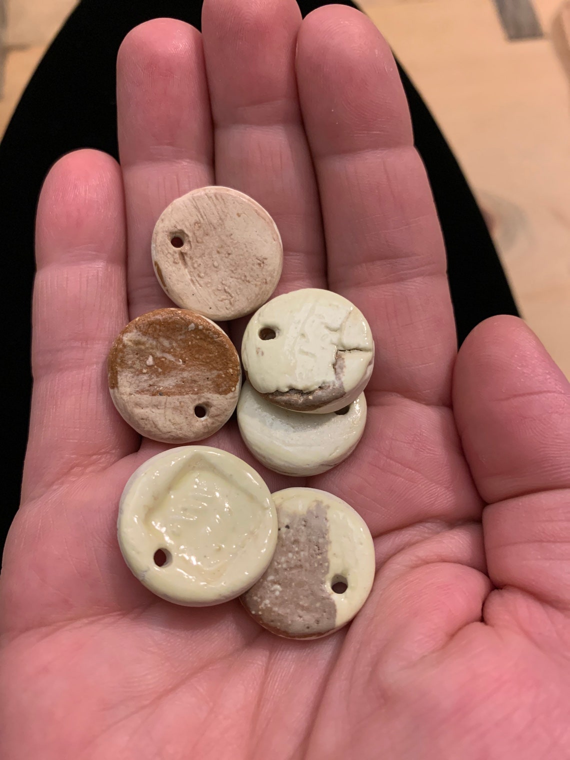 Six White and Brown Handmade Clay Token Beads for Crafting and Jewelry ...