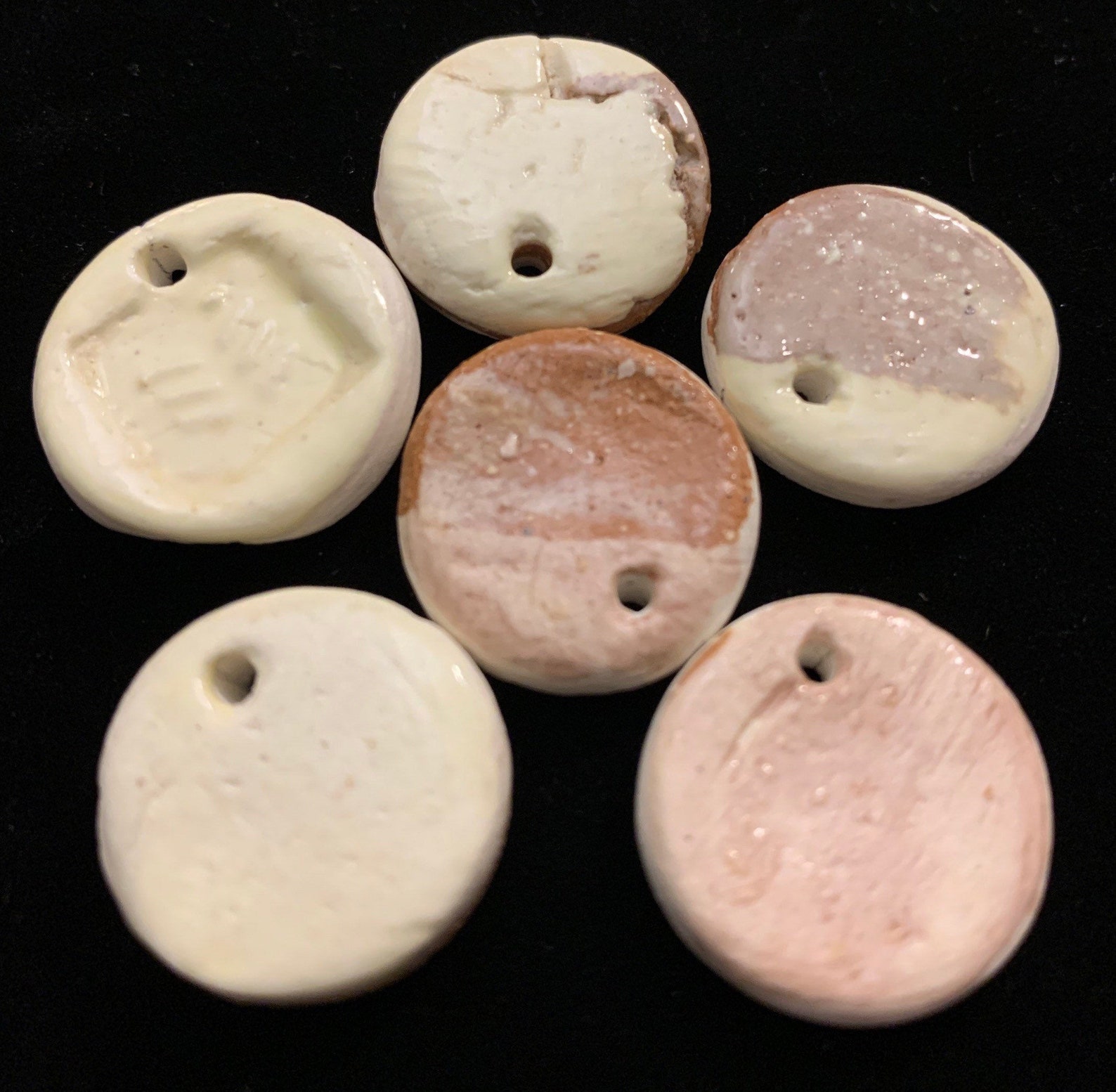 Six White and Brown Handmade Clay Token Beads for Crafting and Jewelry ...