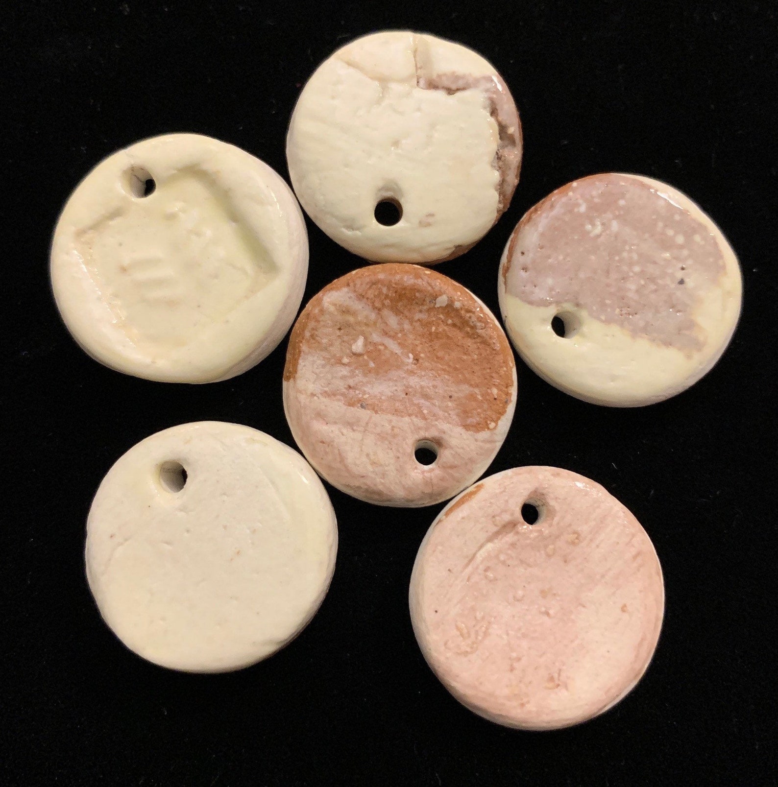 Six White and Brown Handmade Clay Token Beads for Crafting and Jewelry ...