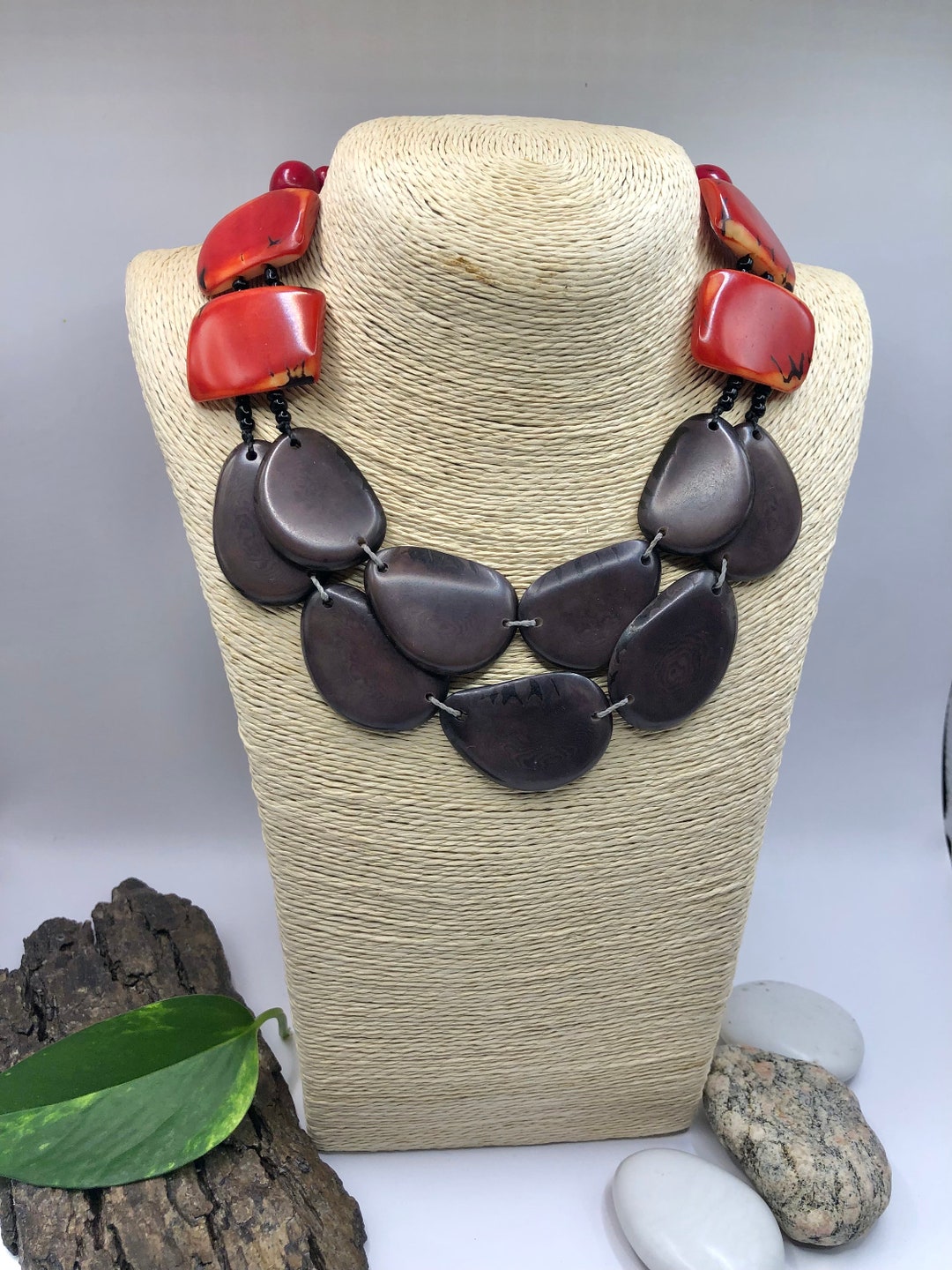 Triumph Grey & Red Tagua Eco-friendly Necklace | Unique Handmade ...