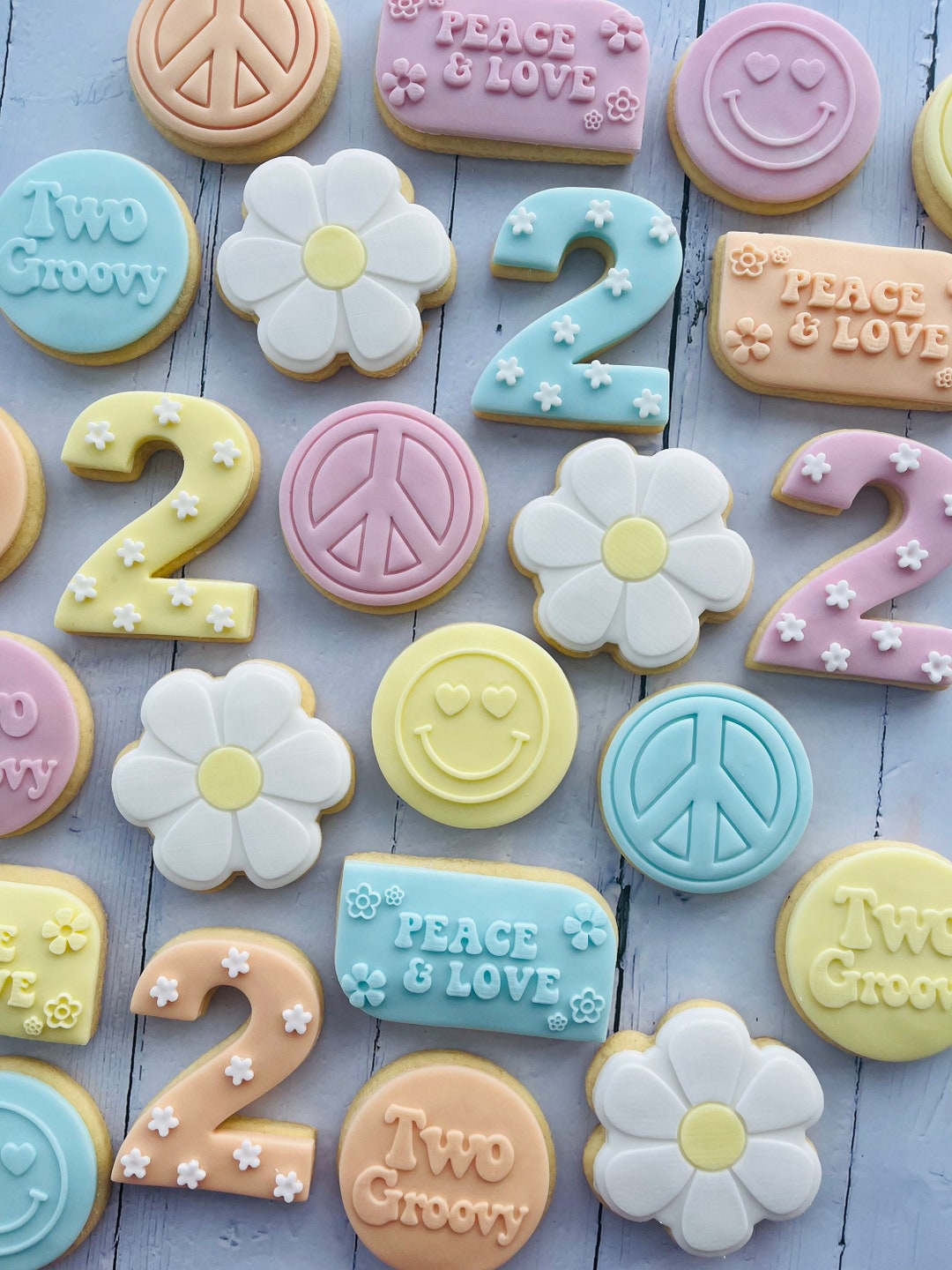 Two Groovy/ Groovy One/ Groovy/ Peace and Love 60s Themed Fondant Iced ...