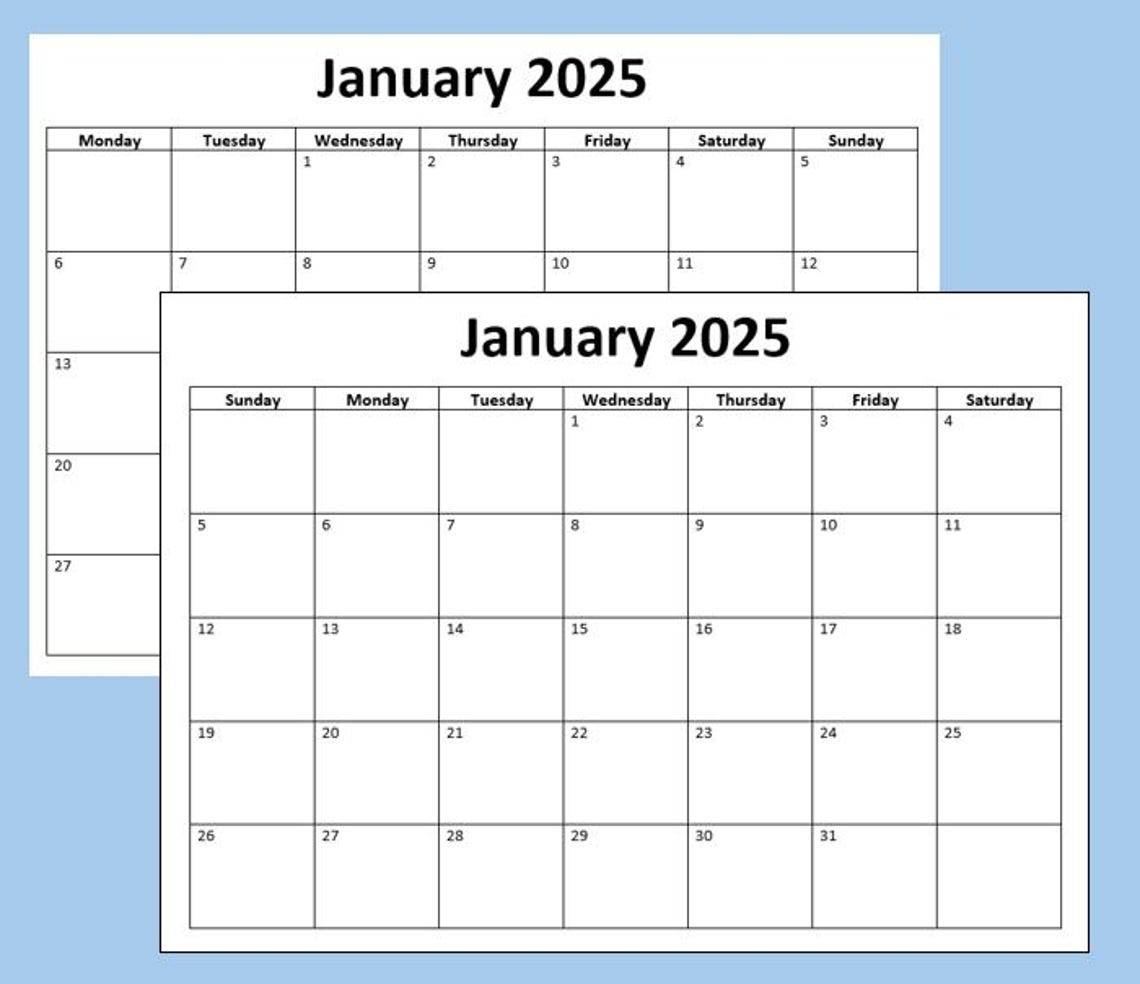 Printable 2025 Calendar, Sunday Start and Monday Start, 8 1/2 X 11 ...