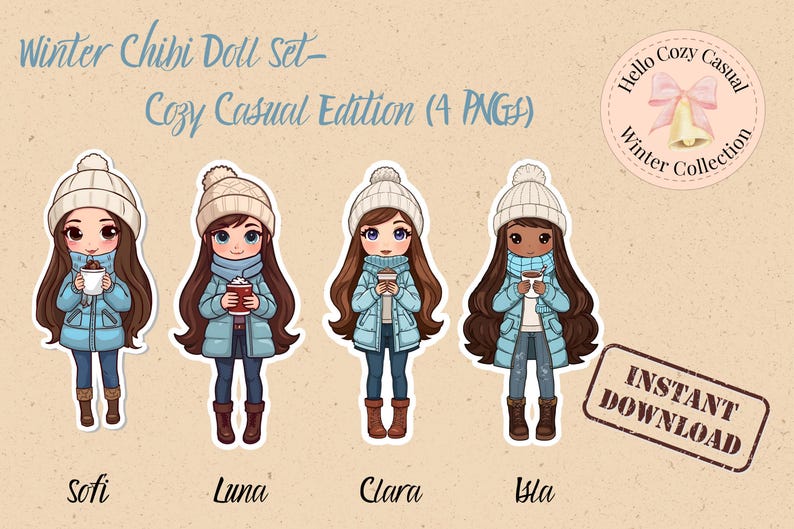 Winter Chibi Doll Set — Cozy Casual Edition — Unique Digital Stickers ...