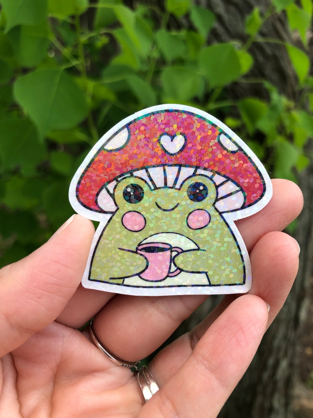 Cute Frog With Mushroom Holographic Sticker | Frog Sticker | Frog With ...