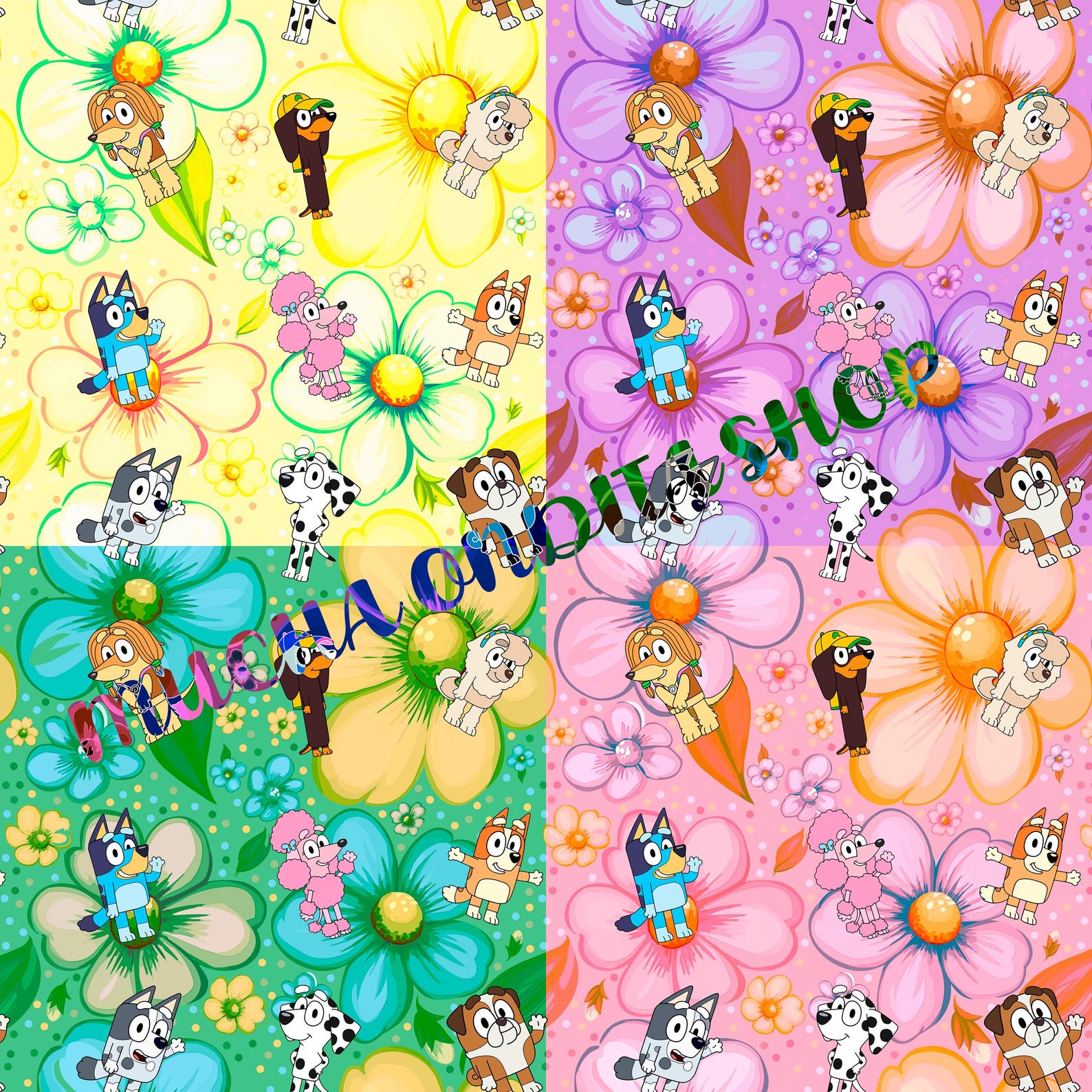 Bluey Seamless Pattern Groovy Floral Kids Background 5 Color Variations ...