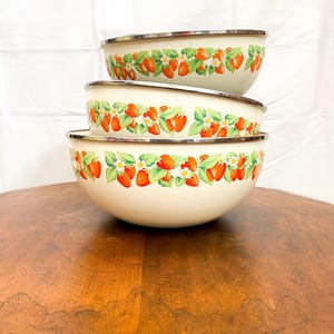 Vintage Kobe Kitchen Enamel Metal Mixing Bowls Retro Strawberry Nesting ...