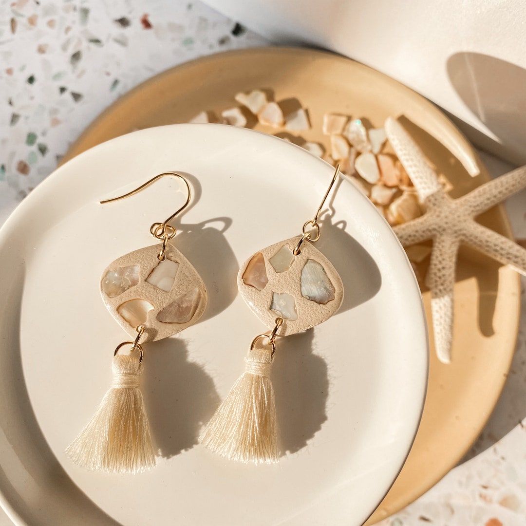 Made to Order Neutral Crushed Seashell Tassel Earrings | Beach ...