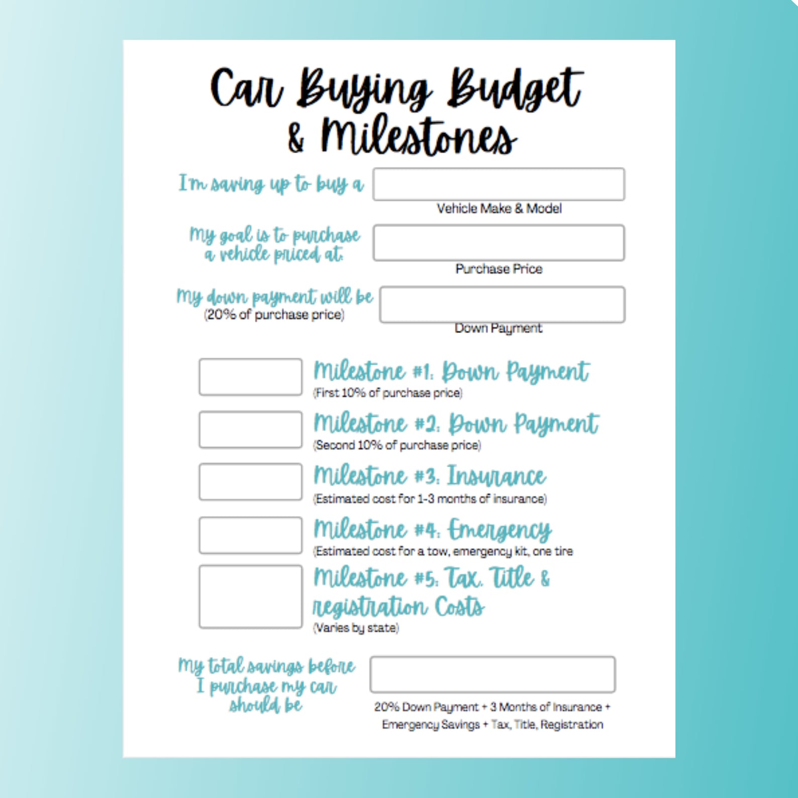 Car Buying Budget and Milestones Printable | Etsy