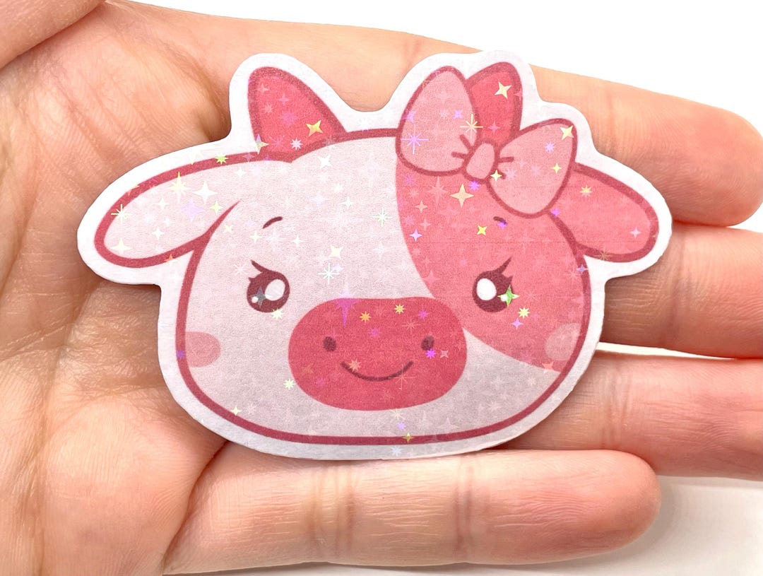 Handmade Sparkly Pink Cow Sticker - Kawaii Animal Digital Art - Cute ...
