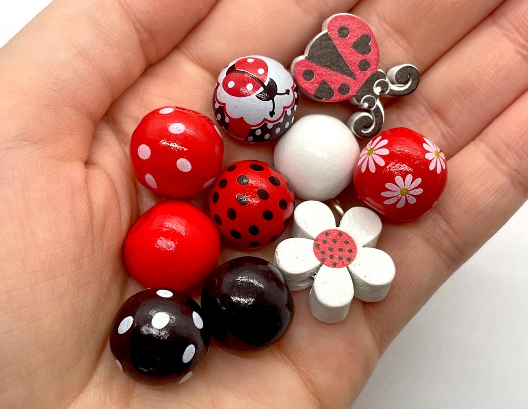 10pcs Ladybug Themed Wooden Beads Set - 16mm Mixed Painted Round Beads ...