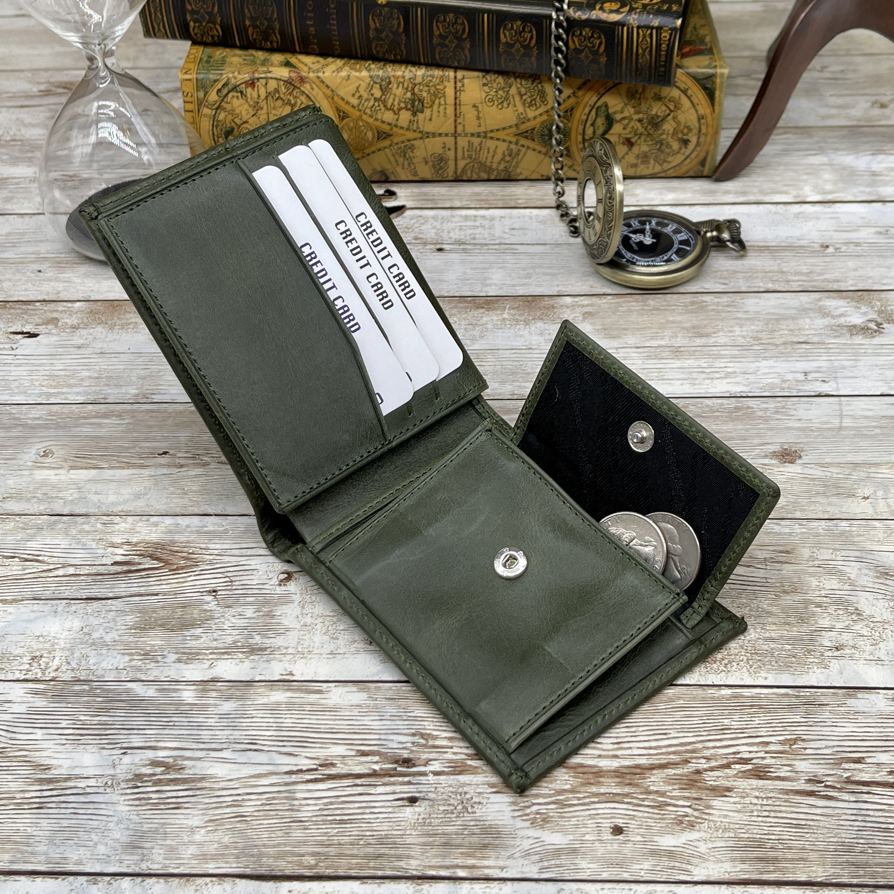 Green Leather Wallet made from Genuine Leather Card Cash and | Etsy