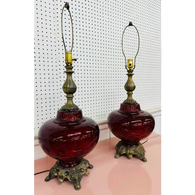 Vintage Hollywood Regency Style Ruby Red Glass Table Lamps - Set of 2 ...