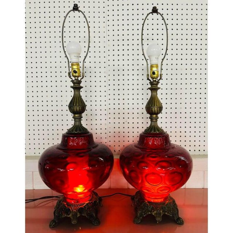 Vintage Hollywood Regency Style Ruby Red Glass Table Lamps - Set of 2 ...
