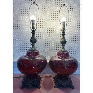 Vintage Hollywood Regency Style Ruby Red Glass Table Lamps - Set of 2 ...