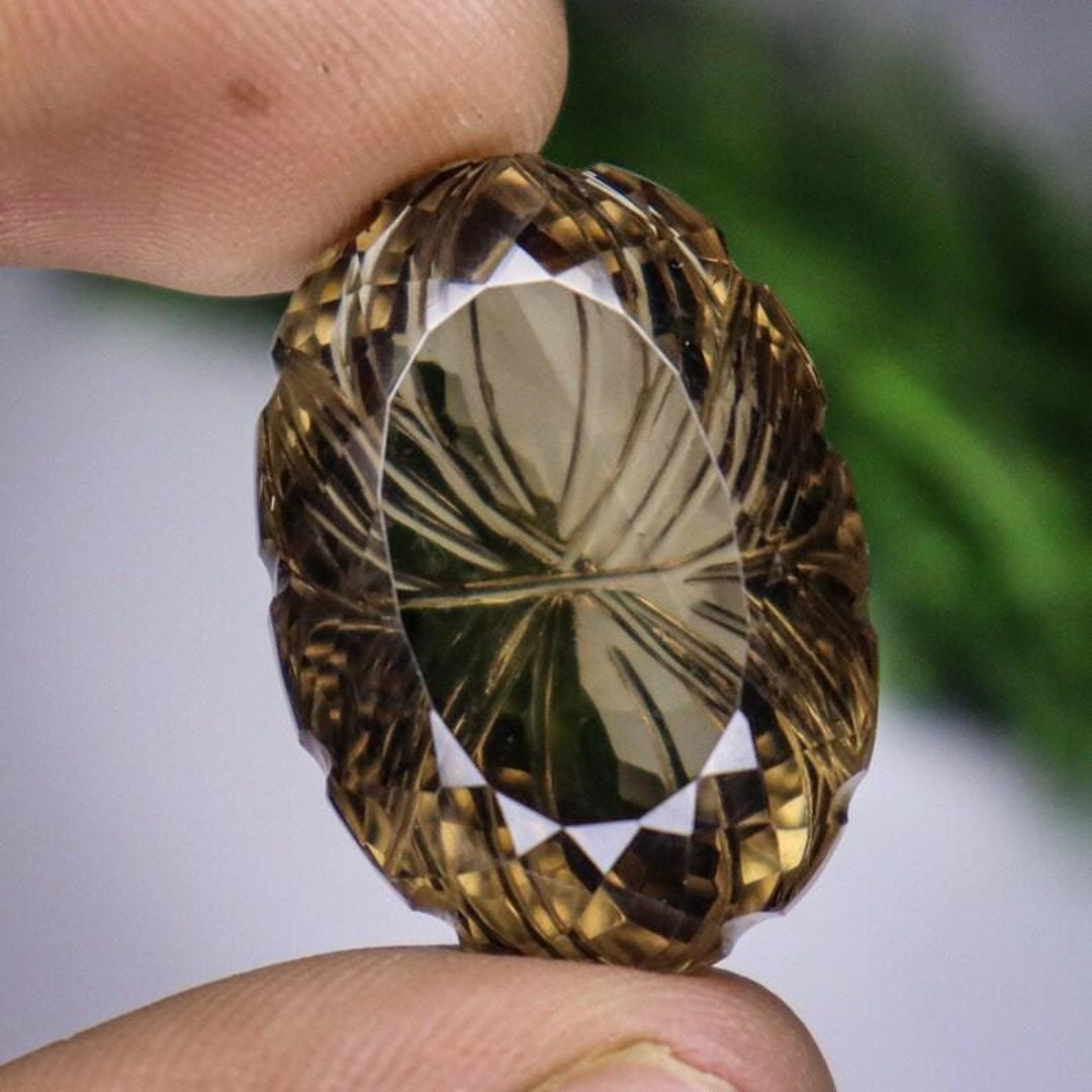 Oval Faceted Carving Smoky Quartz Stones AA Grade Natural Loose Cut ...