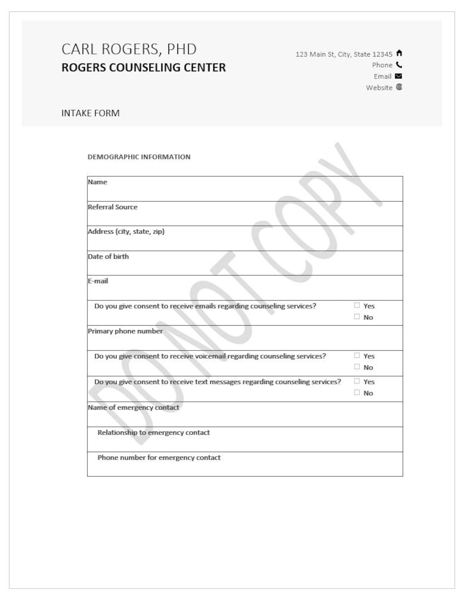 Demographic Intake Form for Mental Health Professionals Template ...