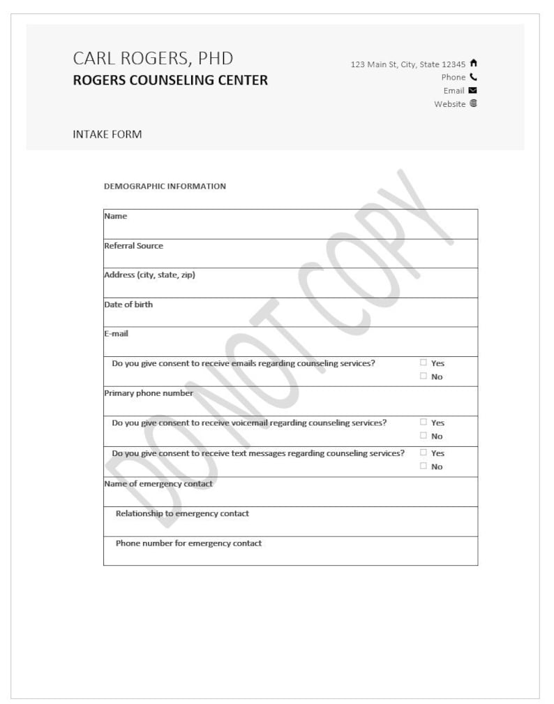 Demographic Intake Form for Mental Health Professionals Template ...