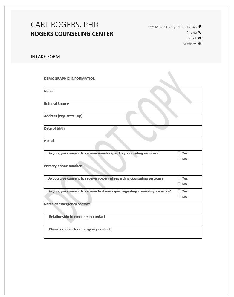 Demographic Intake Form for Mental Health Professionals Template ...