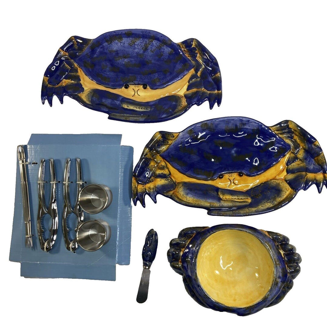 Jay Kathy Hatch Collection 2 Blue Crab Plate W Dip Bowl Utensils ...