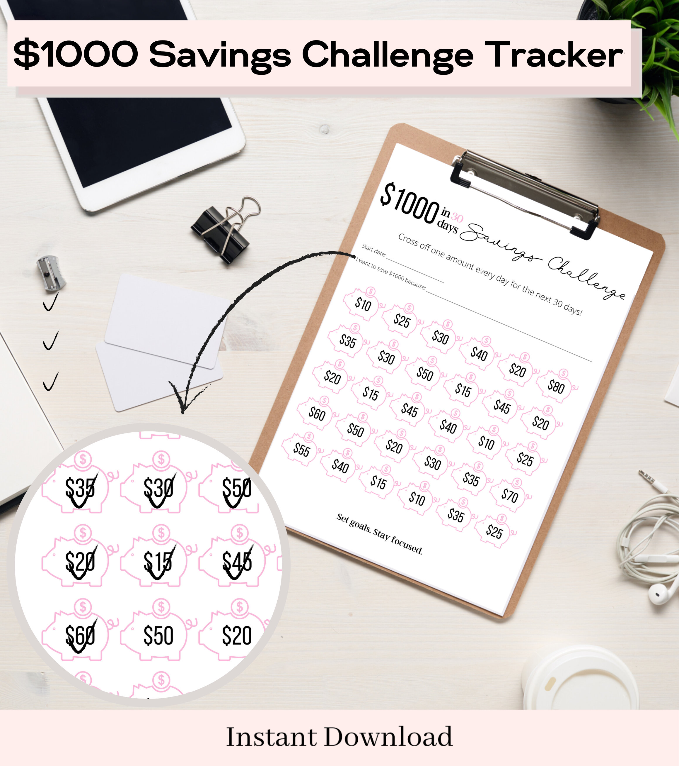 1k Money Savings Tracker Printable Money Challenge Save 1000 in 30 Days ...