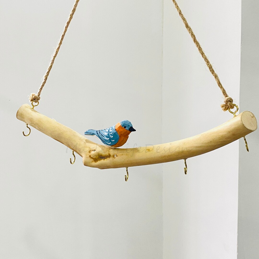 5 Hooks Wooden Hook With Bird, Cute Blue Wooden Bird Hook Decor ...