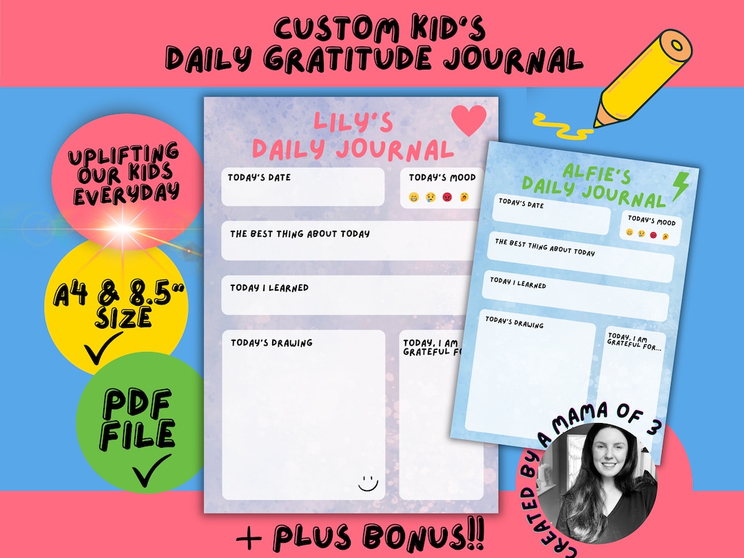 Kids Gratitude Journal, Custom Printable Kids Daily Gratitude Journal ...