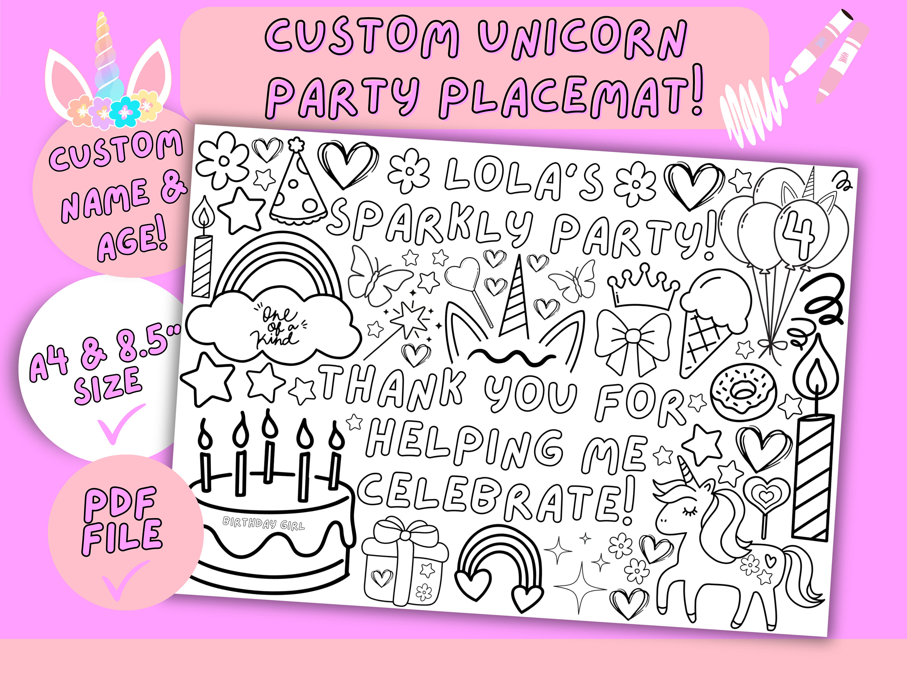 Unicorn Birthday Party Unicorn Coloring Placemat Custom - Etsy
