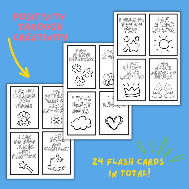 Affirmation Coloring Flash Cards for Kids, Printable Coloring Cards for ...