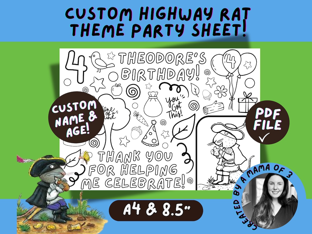 Custom Highway Rat Coloring Page: Birthday Party Favor (digital ...