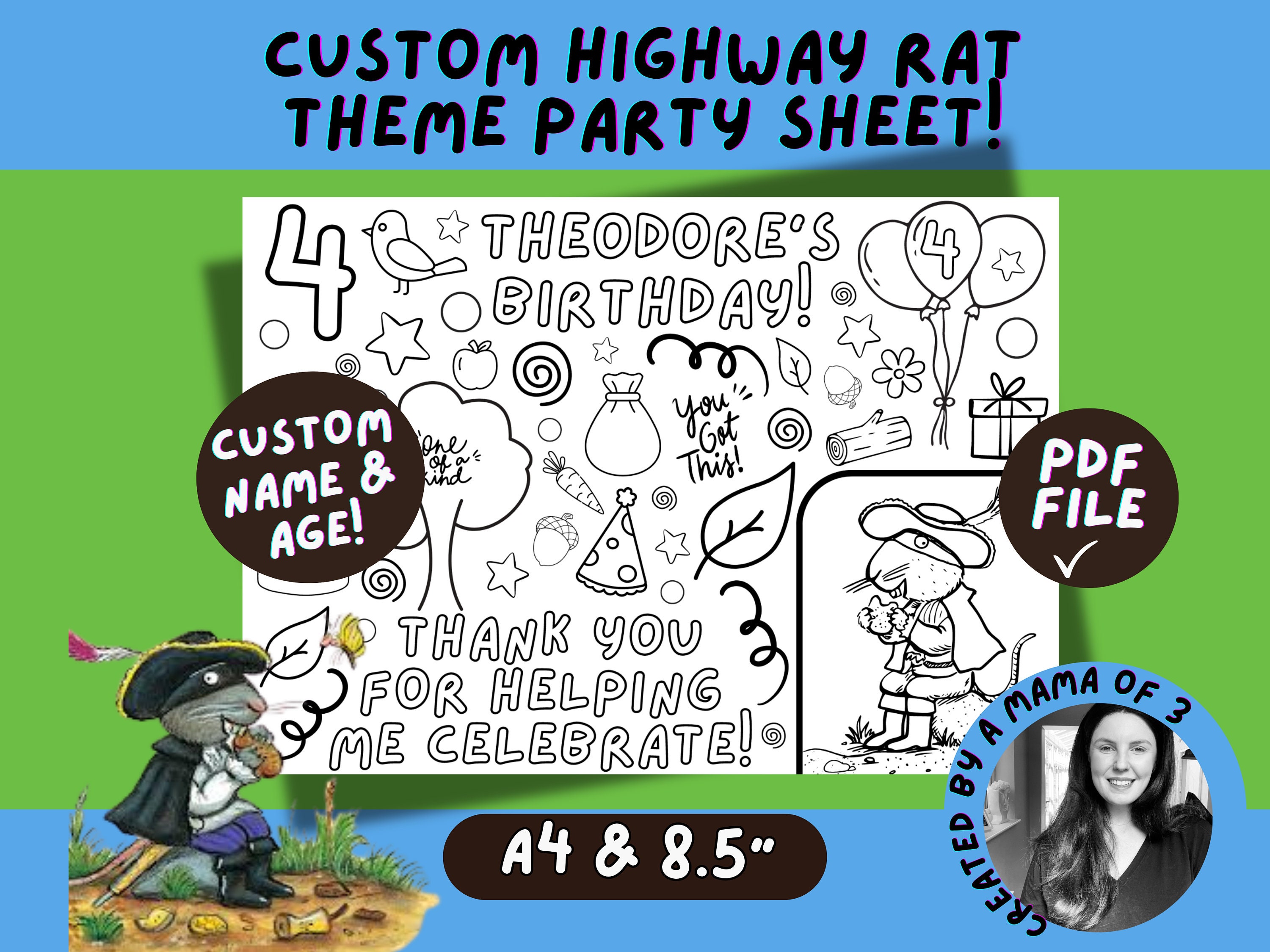 Custom Highway Rat Coloring Page: Birthday Party Favor (digital ...