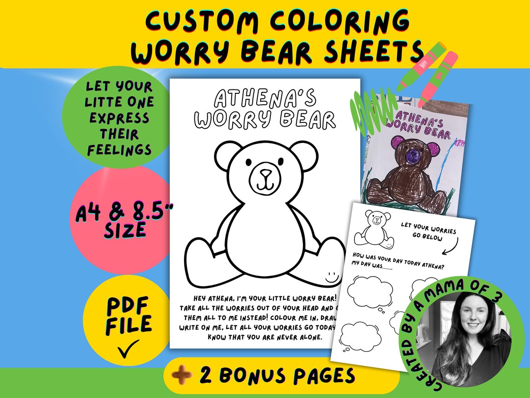 Custom Worry Bear Coloring Page for Kids, Anxiety Coloring for Kids ...