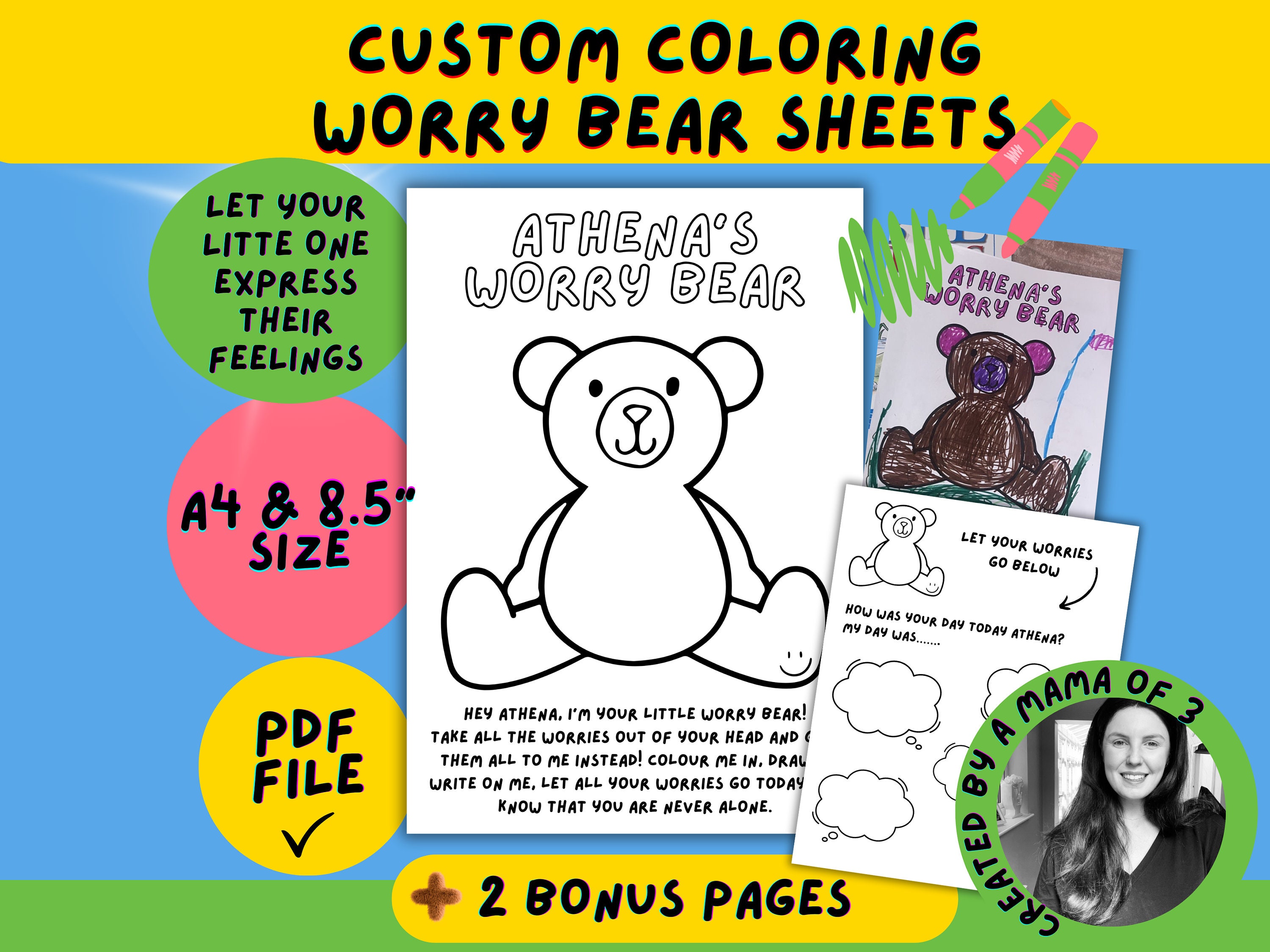 Custom Worry Bear Coloring Page for Kids, Anxiety Coloring for Kids ...